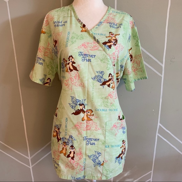 Disney | Tops | Disney Chip And Dale Scrub Top Green V Neck Small ...